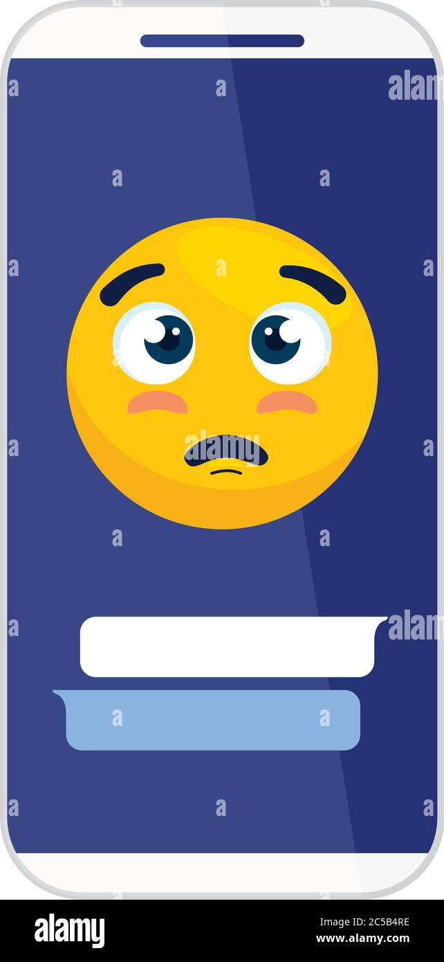 smartphone and emoji with eyes open and face of please, face yellow ...