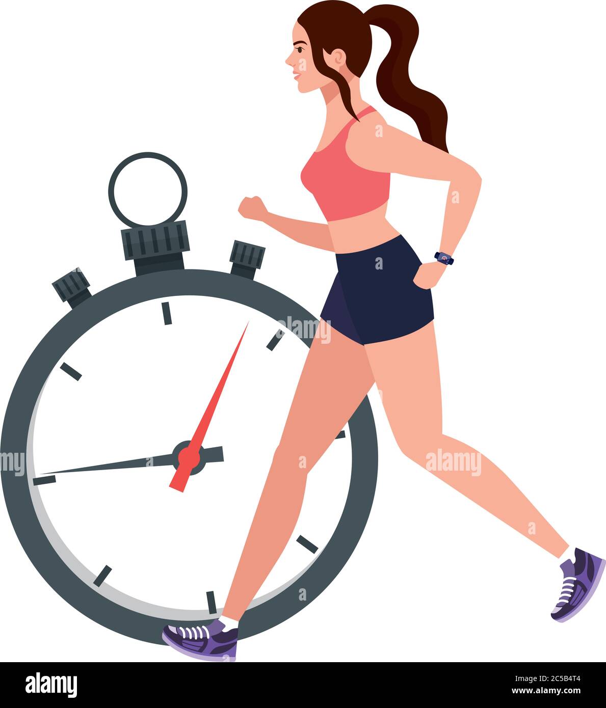 woman running with stopwatch, female athlete with chronometer on white ...