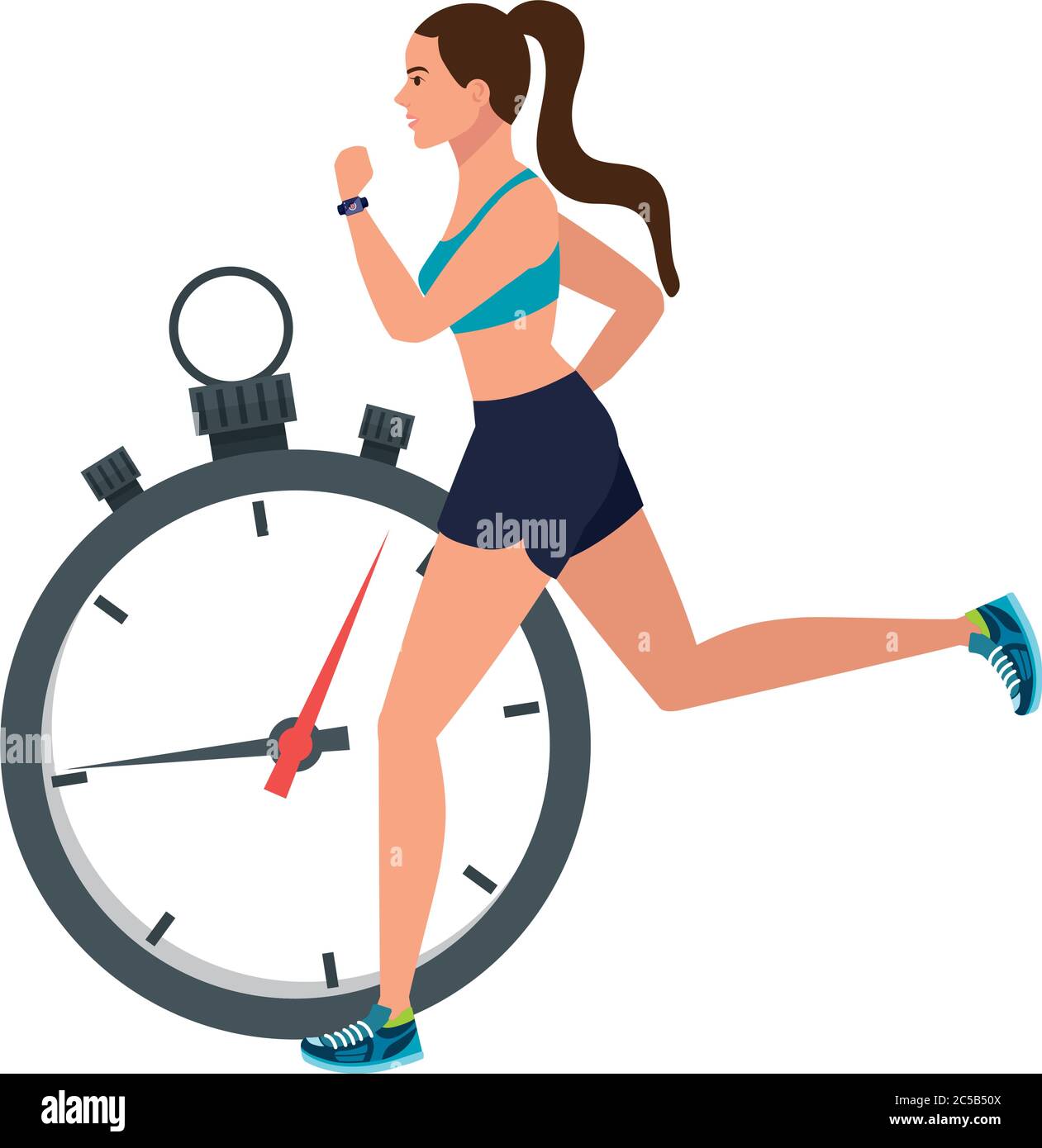 woman running with stopwatch, female athlete with chronometer on white ...
