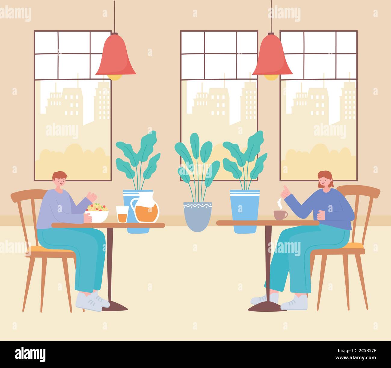 restaurant social distancing, people eating food alone at tables, covid ...