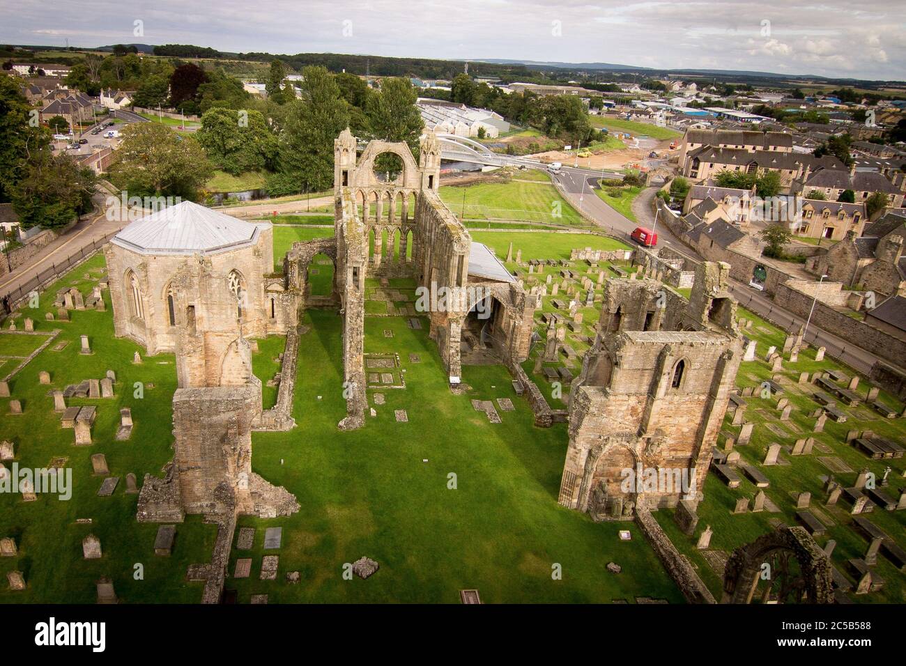 Aerial view of the magnificent Elgin Cathedral on the grass-covered ...