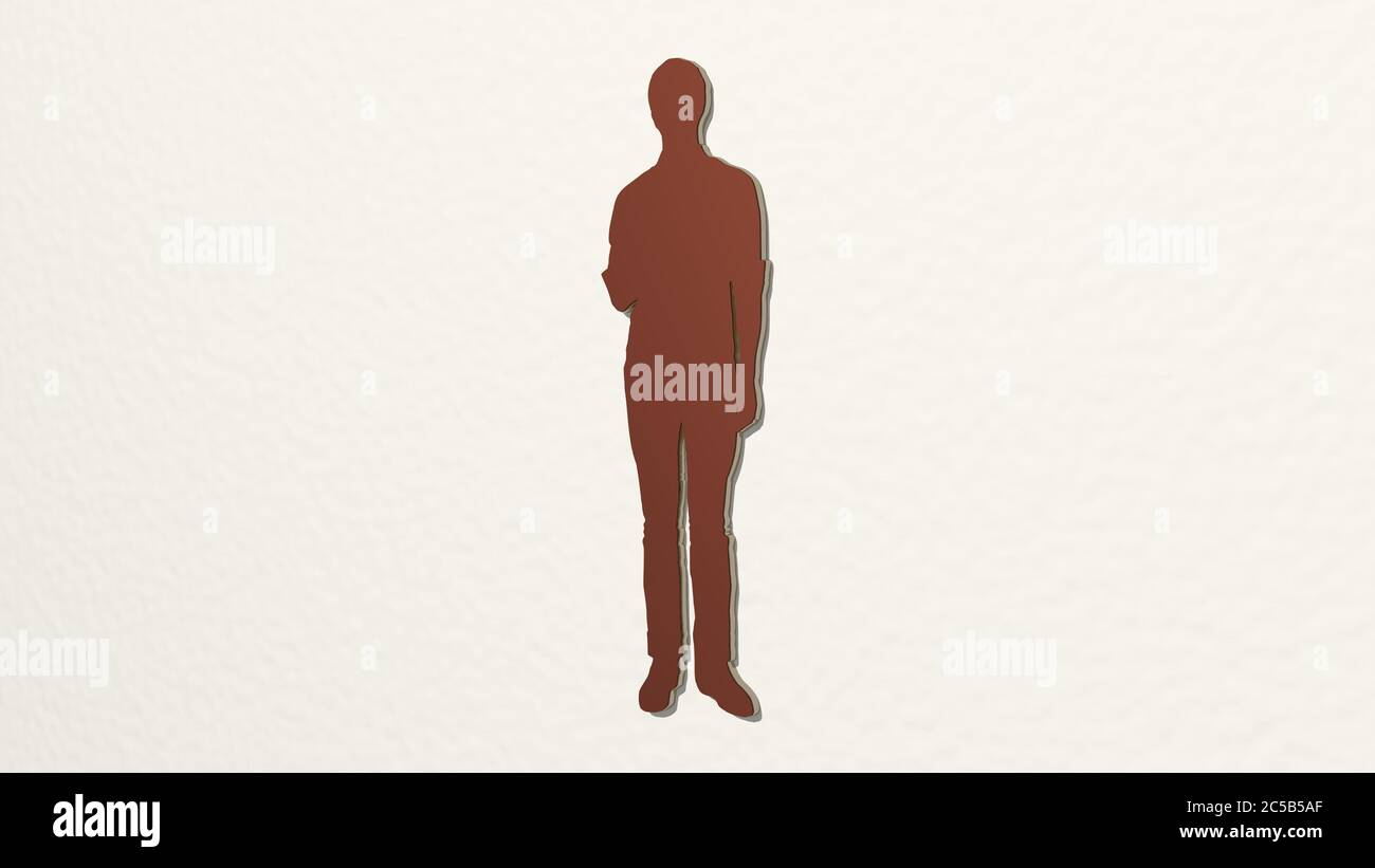 MAN STANDING made by 3D illustration of a shiny metallic sculpture on a ...