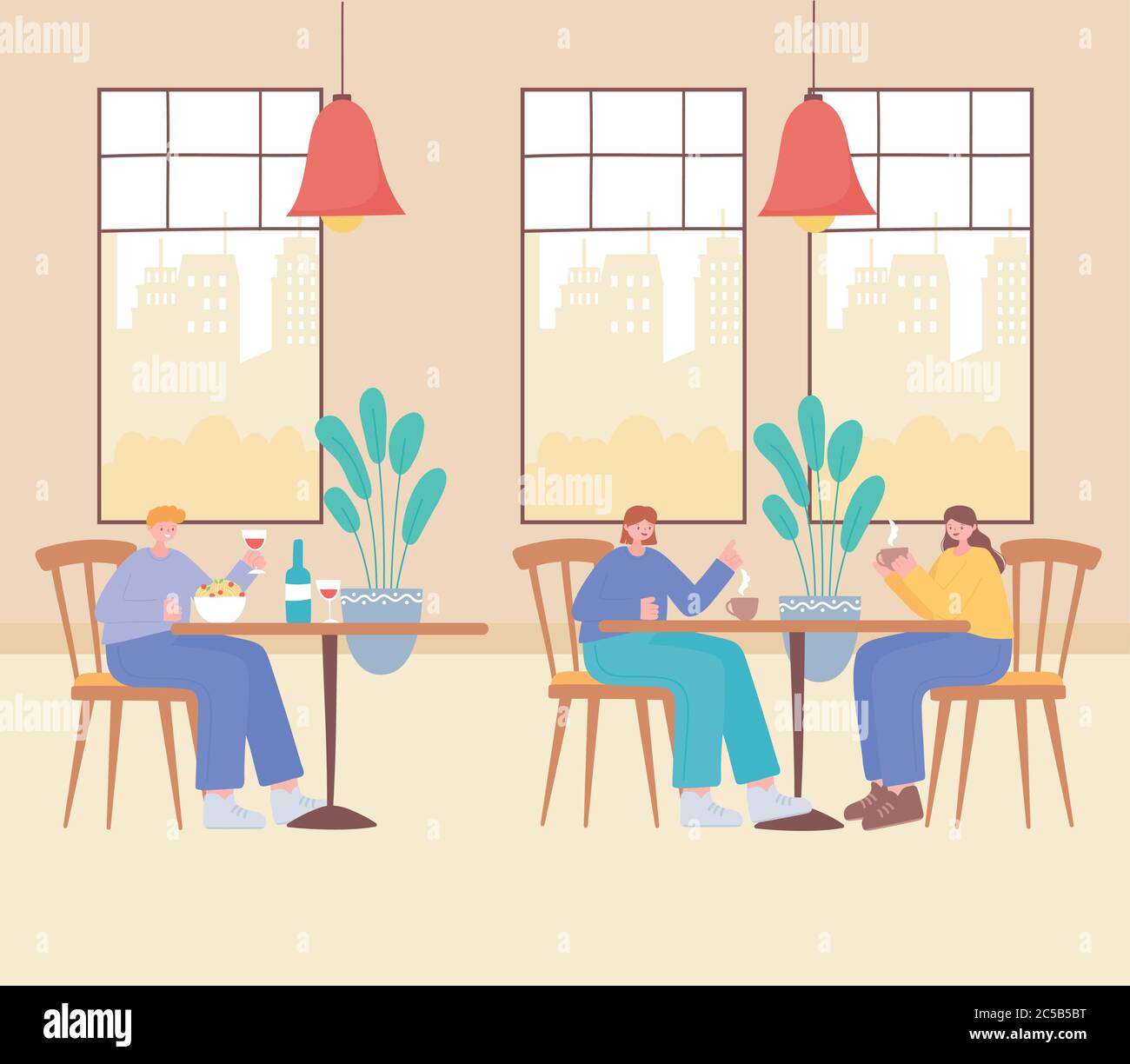 restaurant social distancing, women and a man sit a distance apart in ...