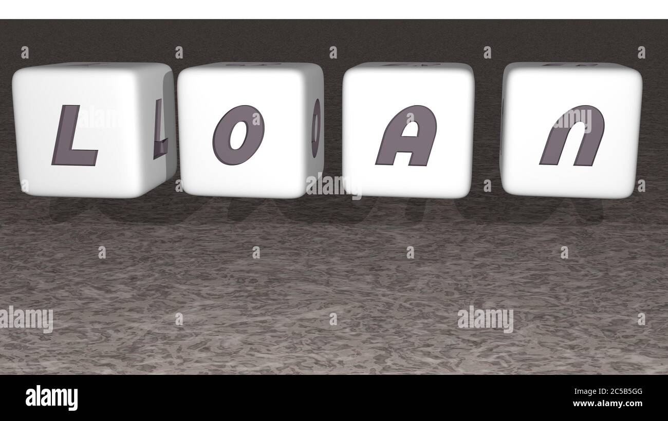 alphabetic LOAN arranged by cubic letters on a mirror floor, concept ...