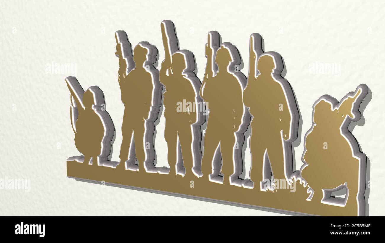 SOLDIER WITH GUN on the wall. 3D illustration of metallic sculpture ...
