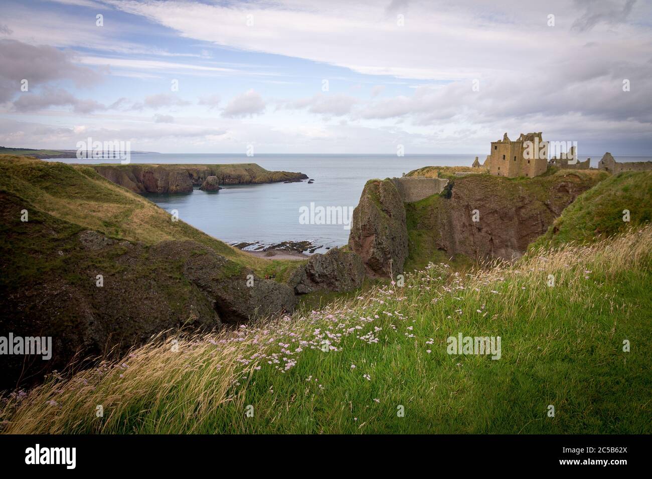 Beautiful view of the Dunnottar Castle on the grass-covered cliffs ...