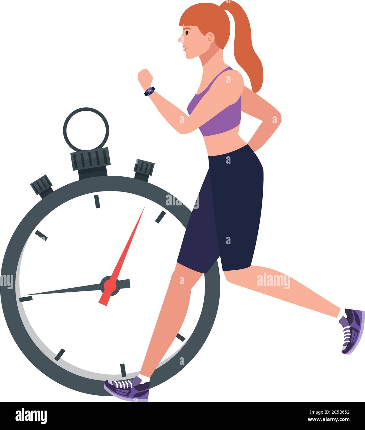 woman running with stopwatch, female athlete with chronometer on white ...