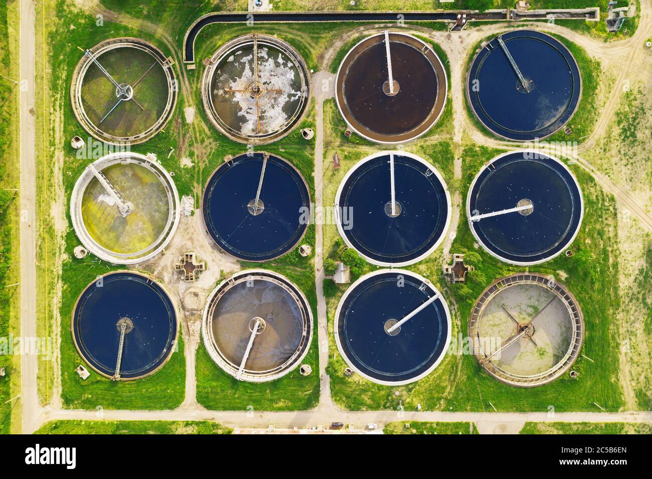Aerial top aerial view of purification tanks of modern wastewater ...
