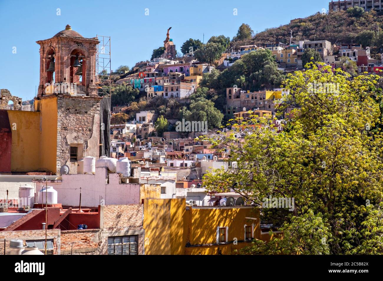 View looking up at the Monument El Pipila on a hilltop park in the ...