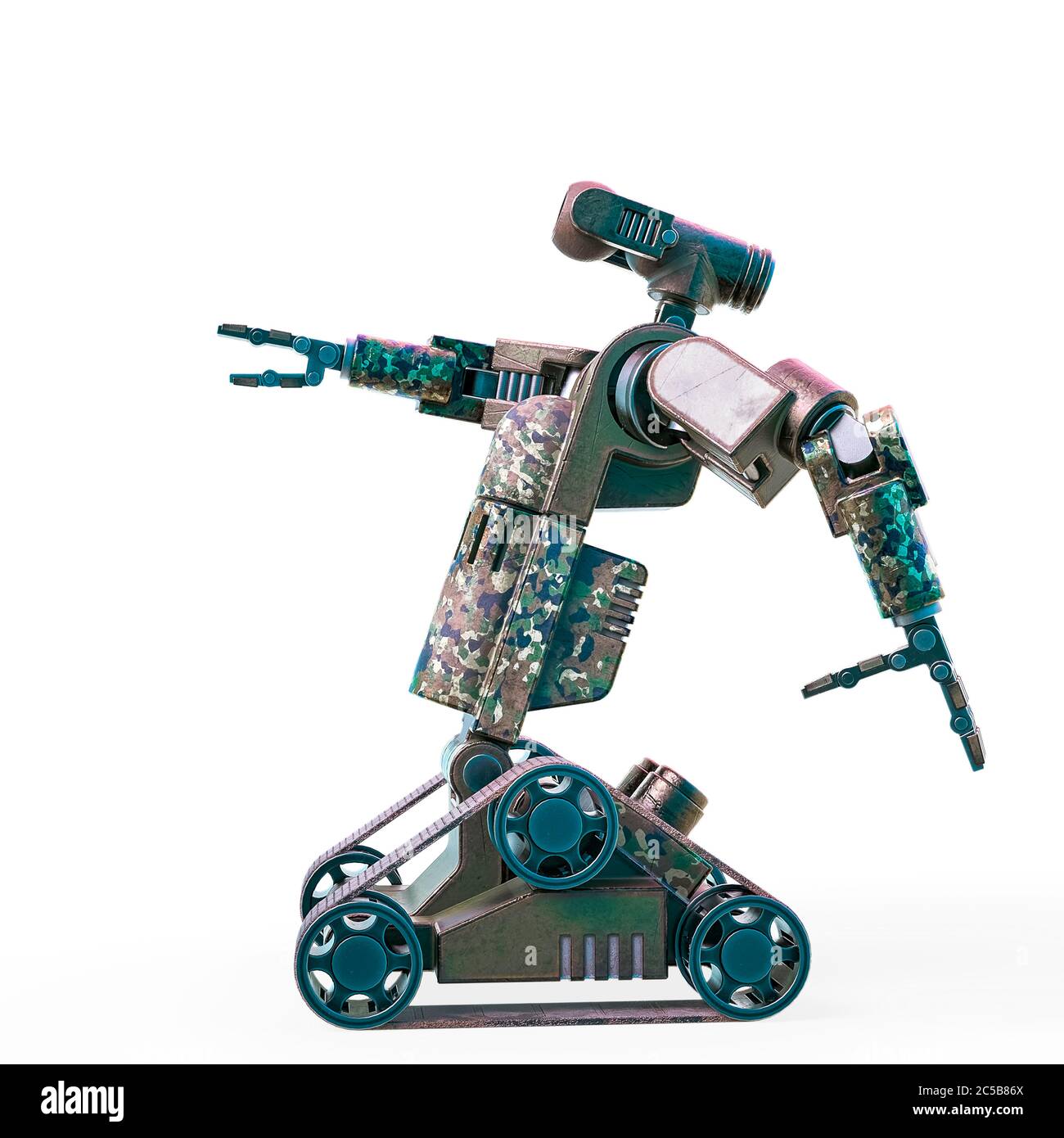 military robot running fast in a white background, 3d illustration ...