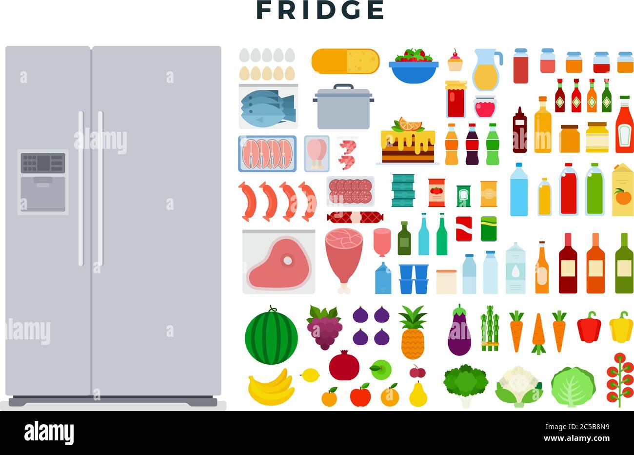 Big modern fridge and set of various food, isolated on white background ...
