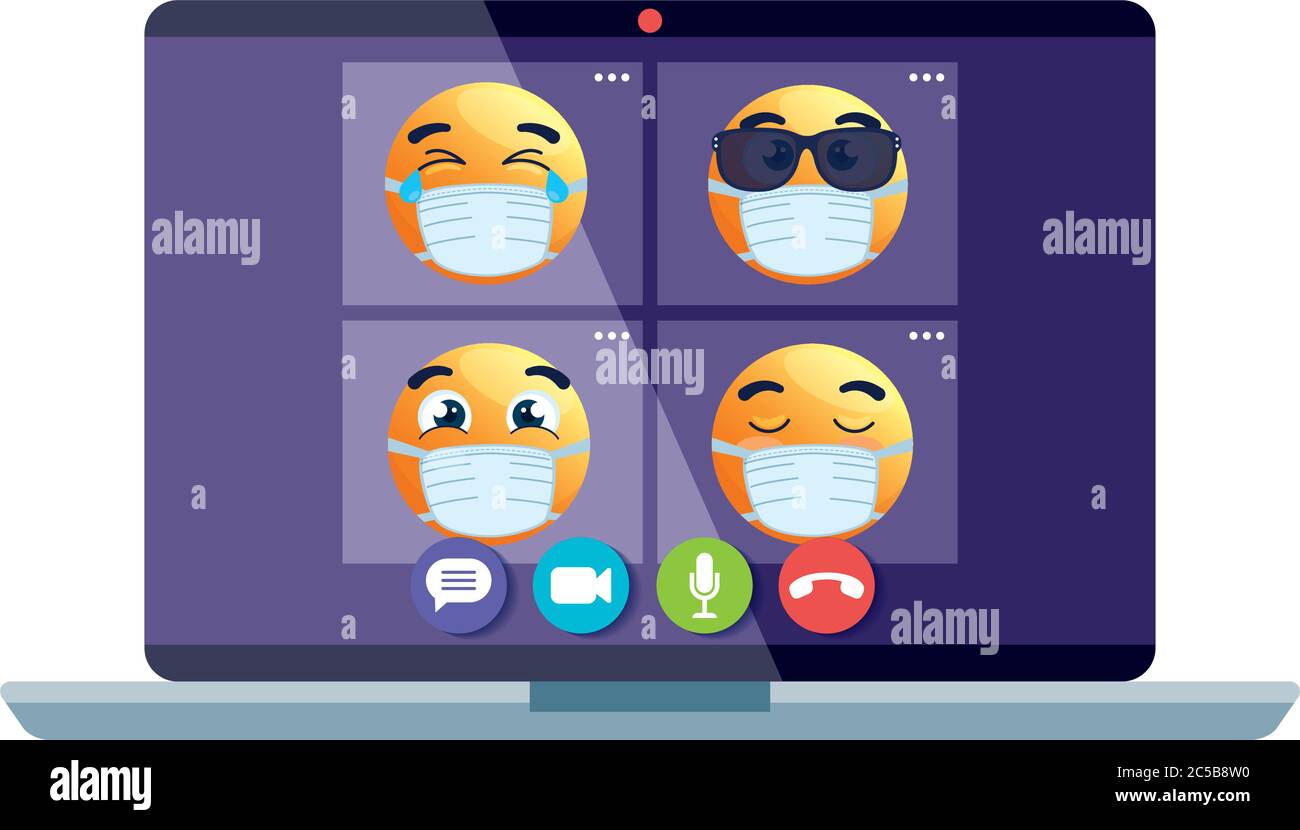 emojis wearing medical mask in page on video call, yellow faces using ...