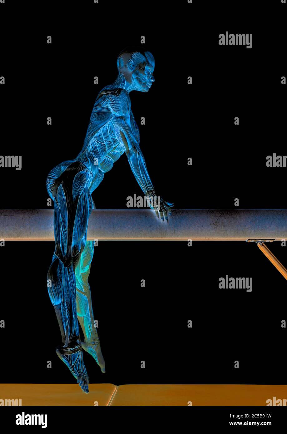 muscle woman doing a gymnastic on balance beam in white background ...