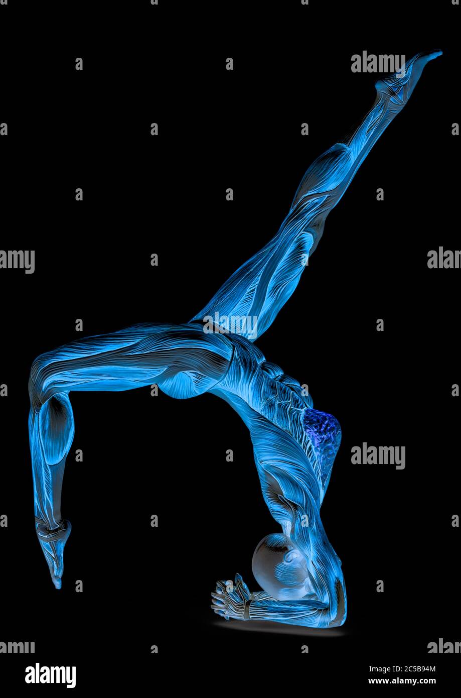 muscle woman doing a scorpion with crow variation pose in white ...