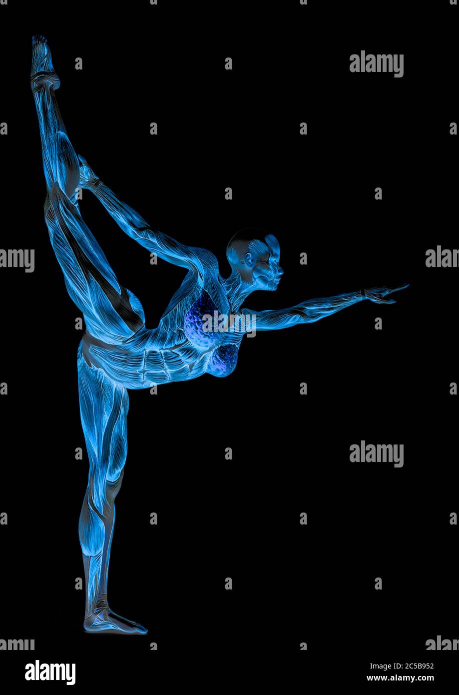 muscle woman doing a stand bow pose in white background, 3d ...