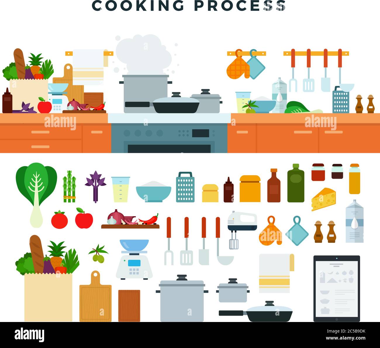 Collection of kitchen utensils, appliances, equipment, cooking battery ...