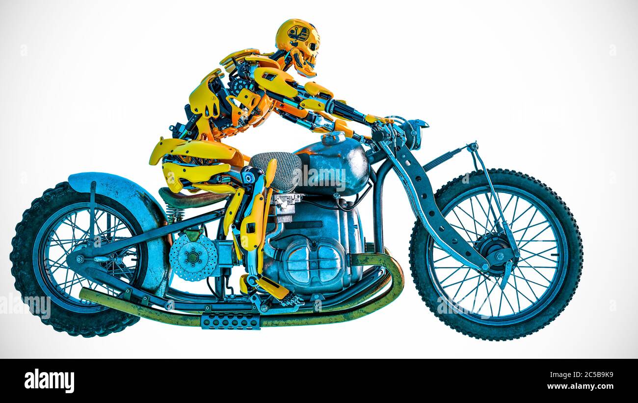android is riding a motorcycle left side view, 3d illustration Stock ...