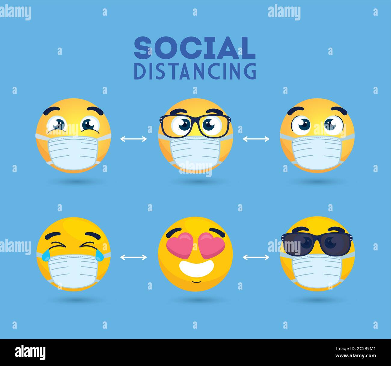 social distancing emoji wearing medical mask, yellow faces in public ...
