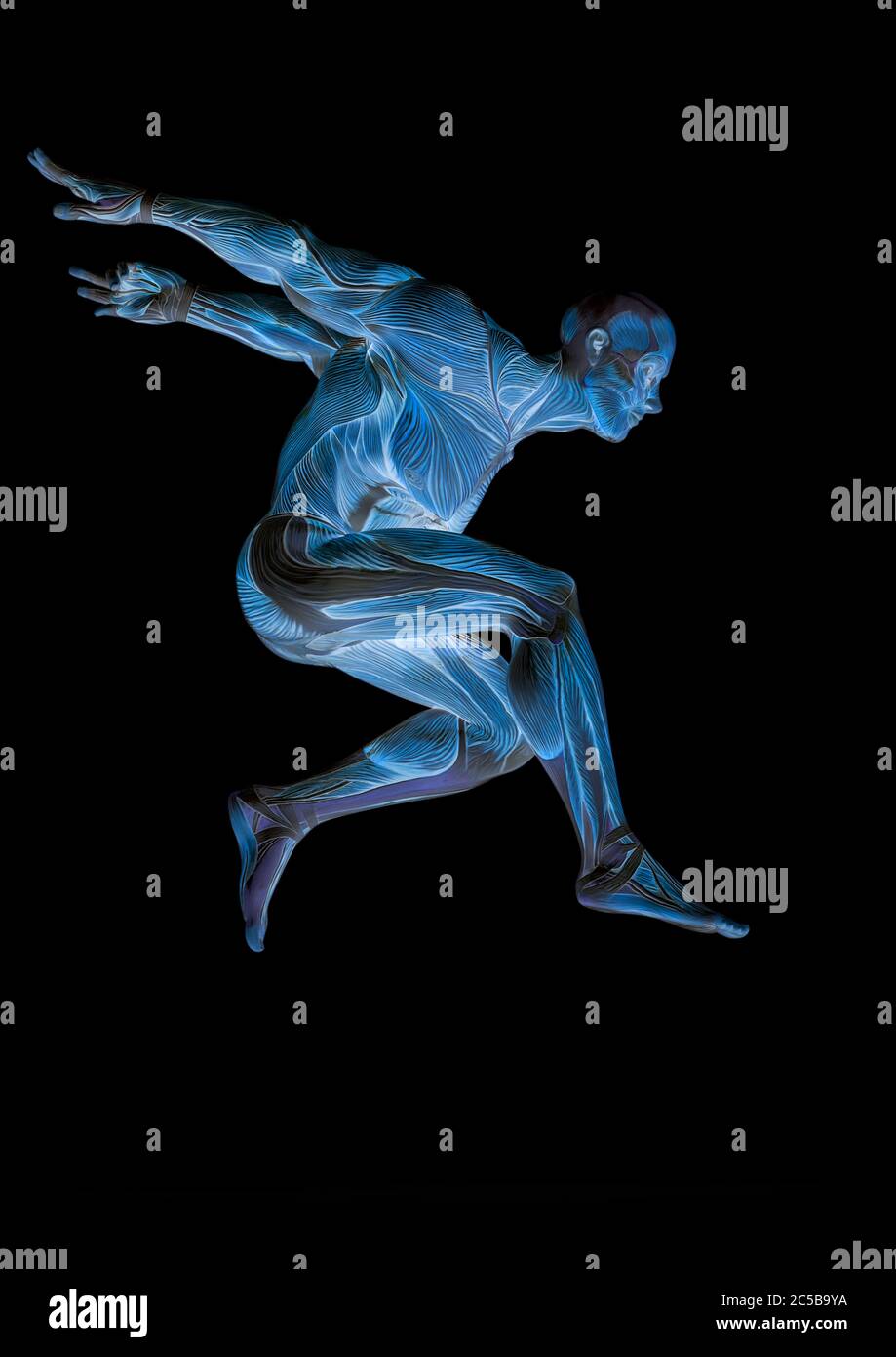 muscleman anatomy heroic body jumping in white background, 3d ...