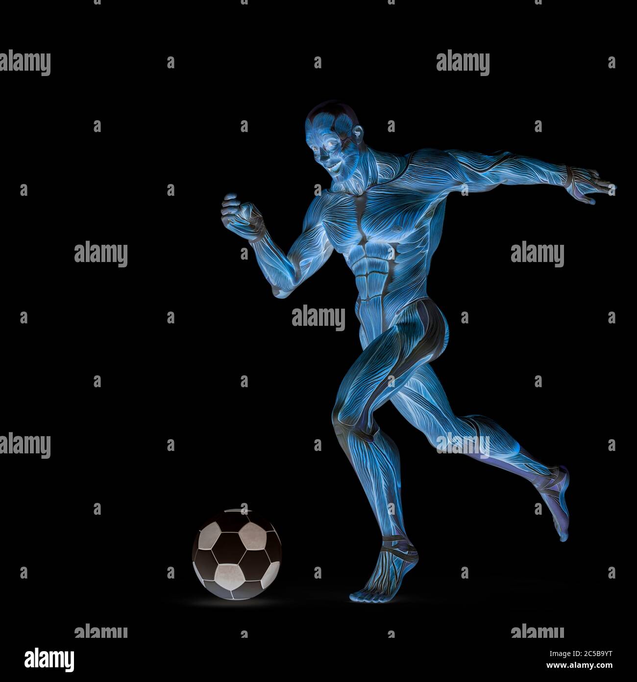 muscleman anatomy heroic body playing football in white background, 3d ...