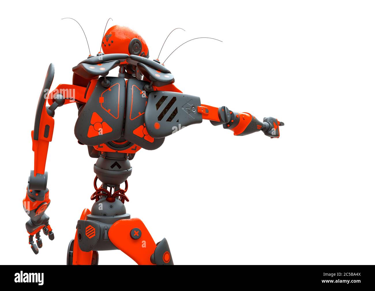 skull bot is pointing the way in a white background rear view, 3d ...