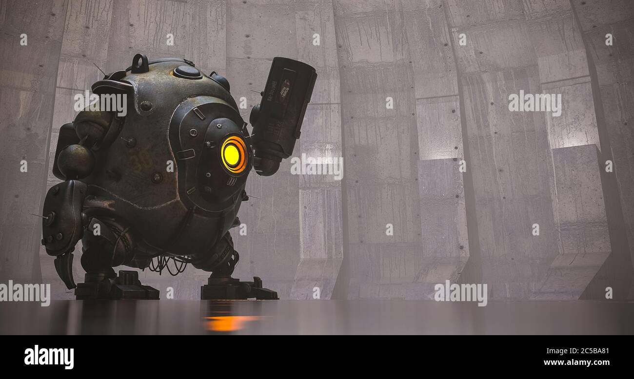 robot ball inside the hangar is ready to shoot top banner view, 3d ...