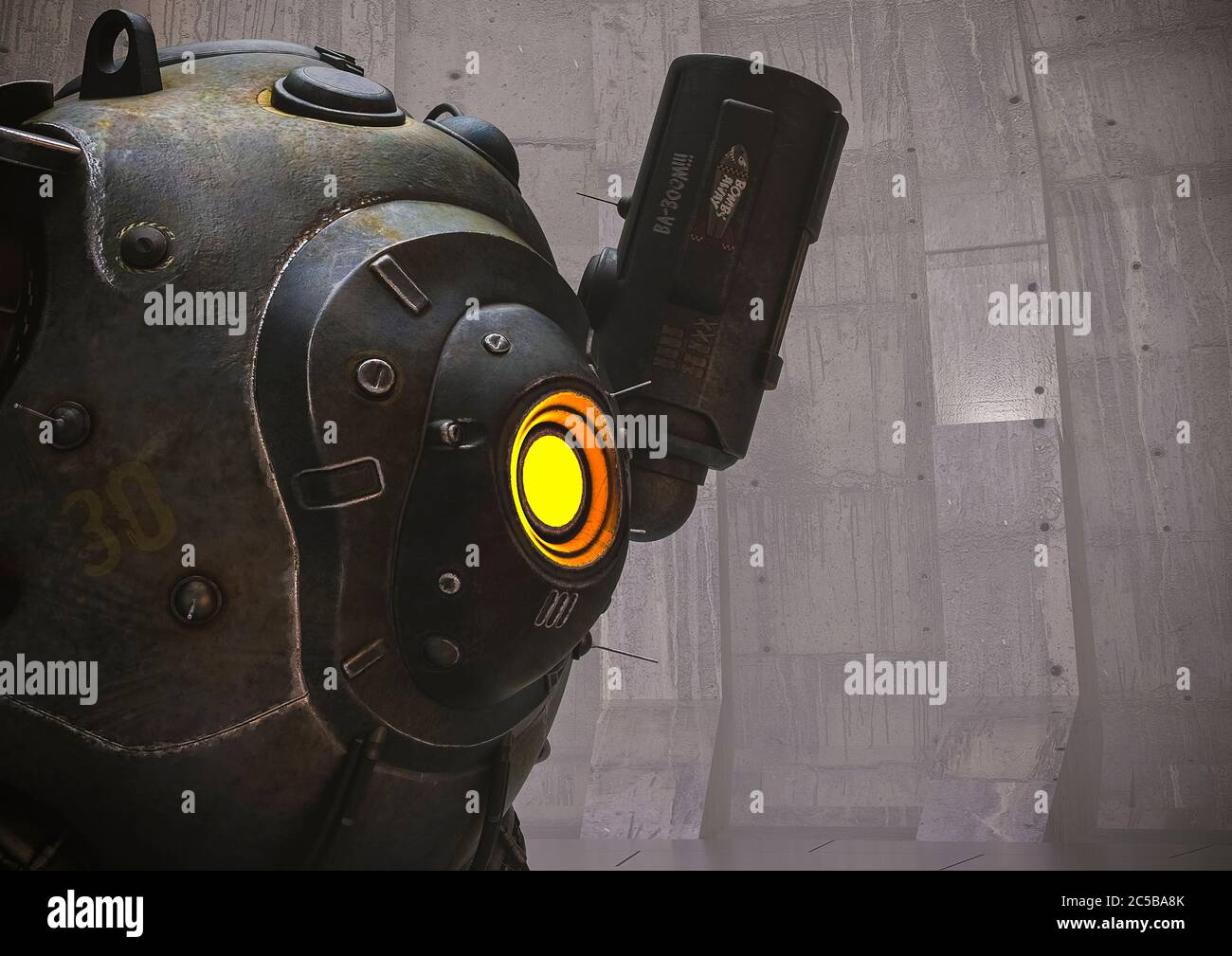 robot ball inside the hangar is ready to shoot close up, 3d ...