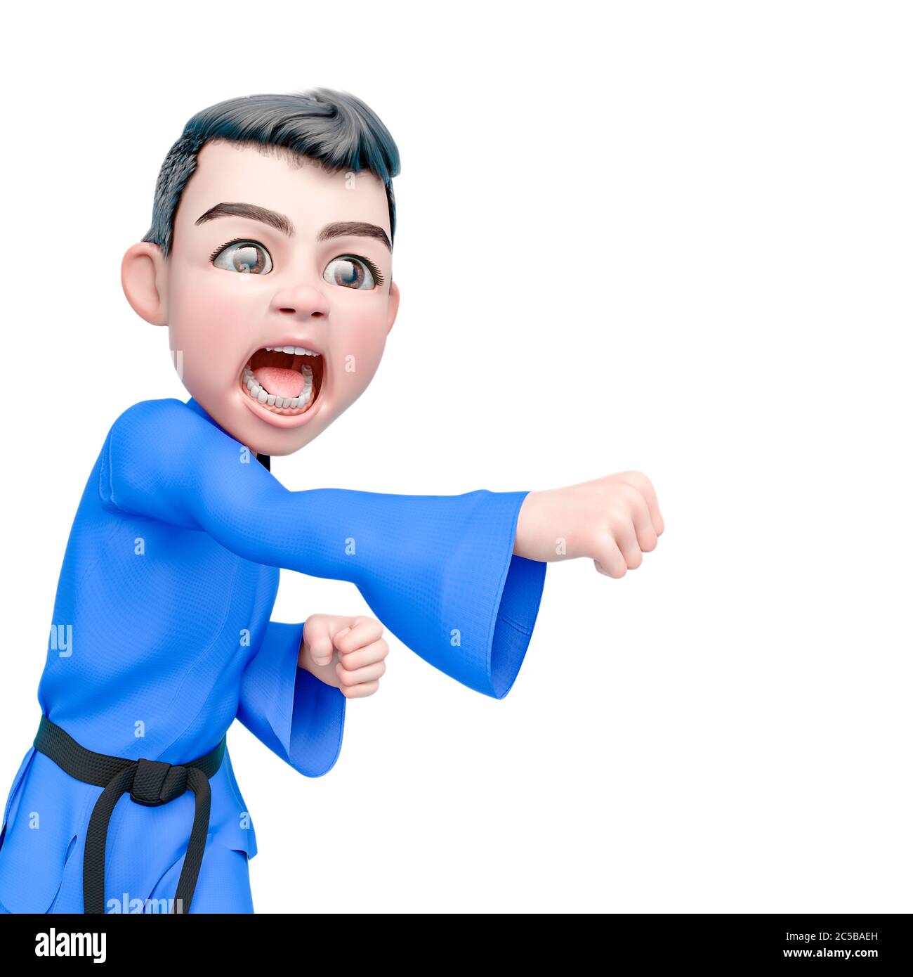 karate boy cartoon is doing a angry punch with copy space, 3d ...