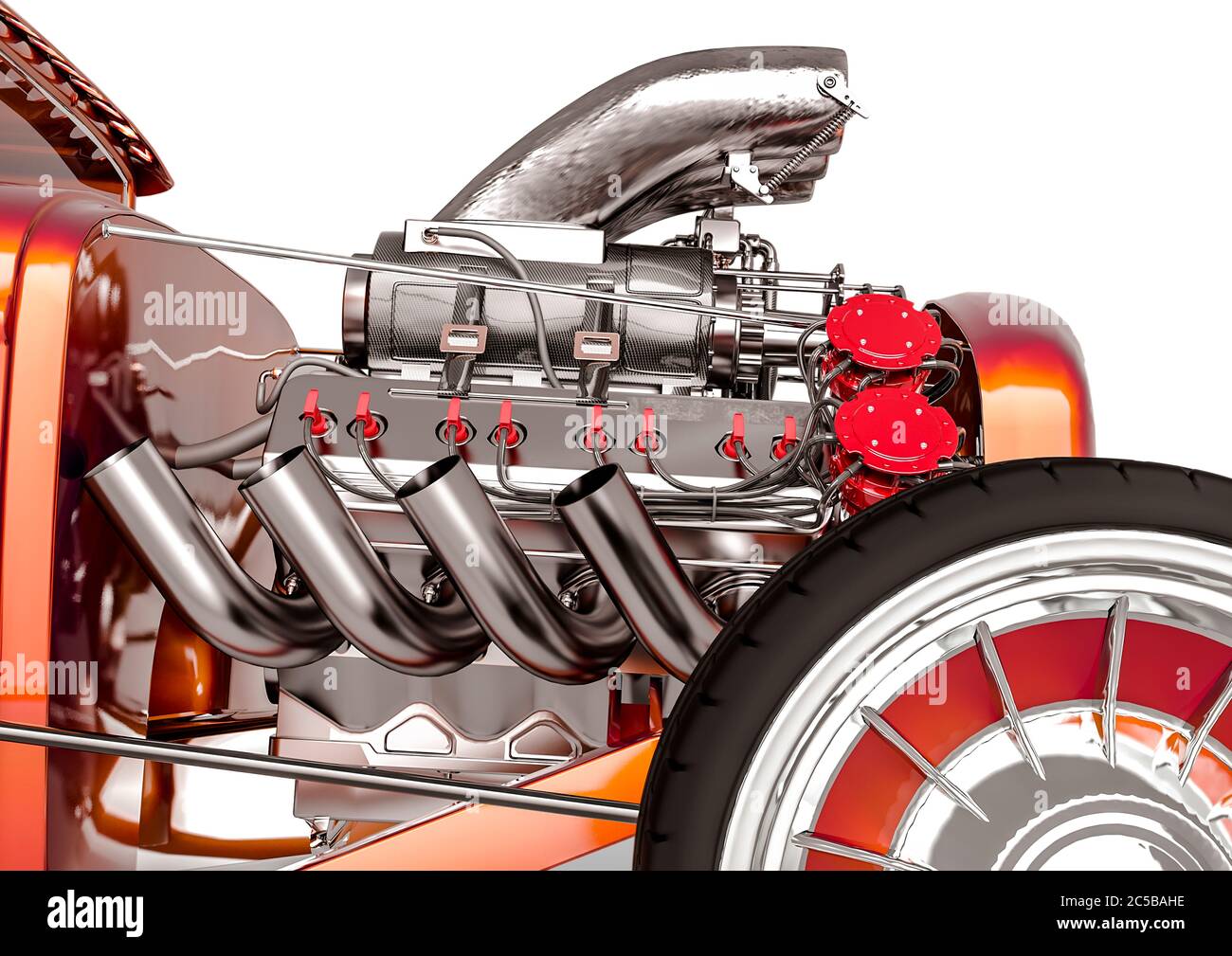 hotrod with no brand in white background close up on motor side view ...