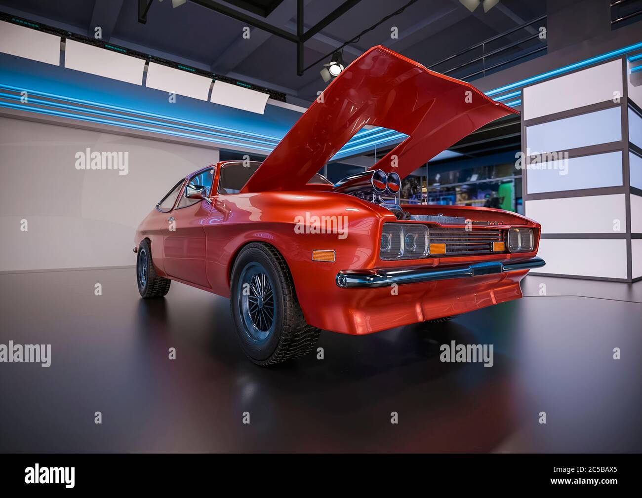 muscle car on exhibition center with hood open showing the motor cool ...