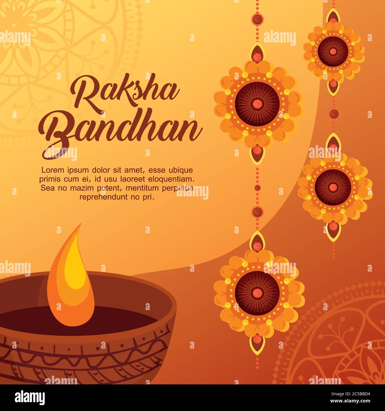 greeting card with decorative set of rakhi hanging and candle light for ...