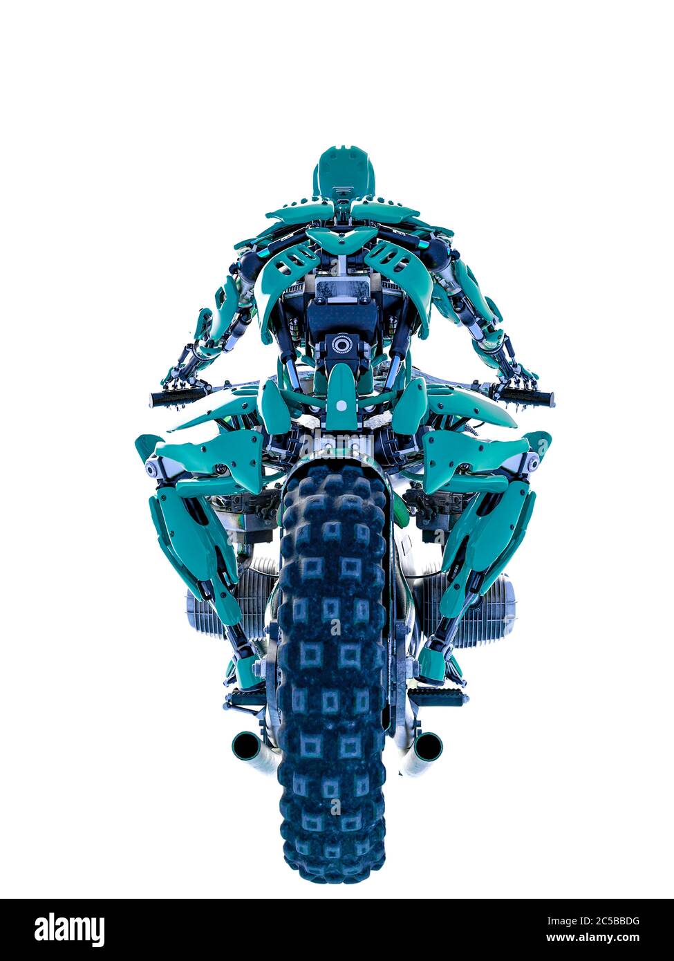 android is riding a motorcycle rear view, 3d illustration Stock Photo ...