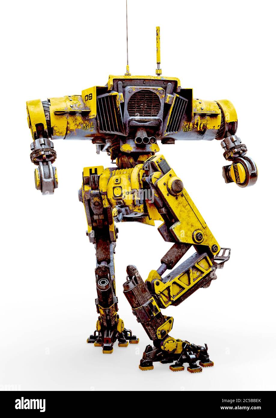 yellow combat mech in a white background rear view, 3d illustration ...