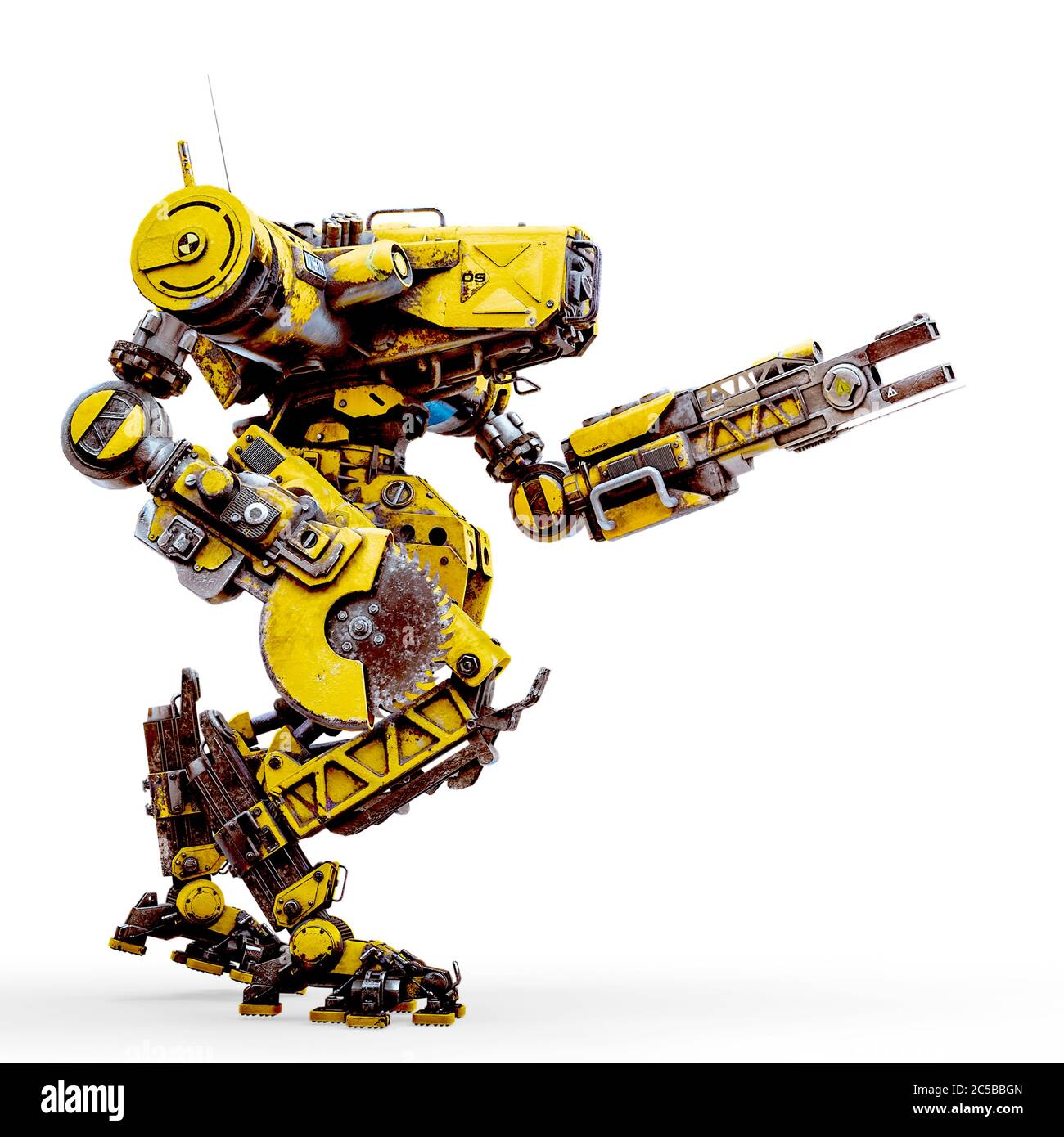 yellow combat mech is ready for war in a white background, 3d ...
