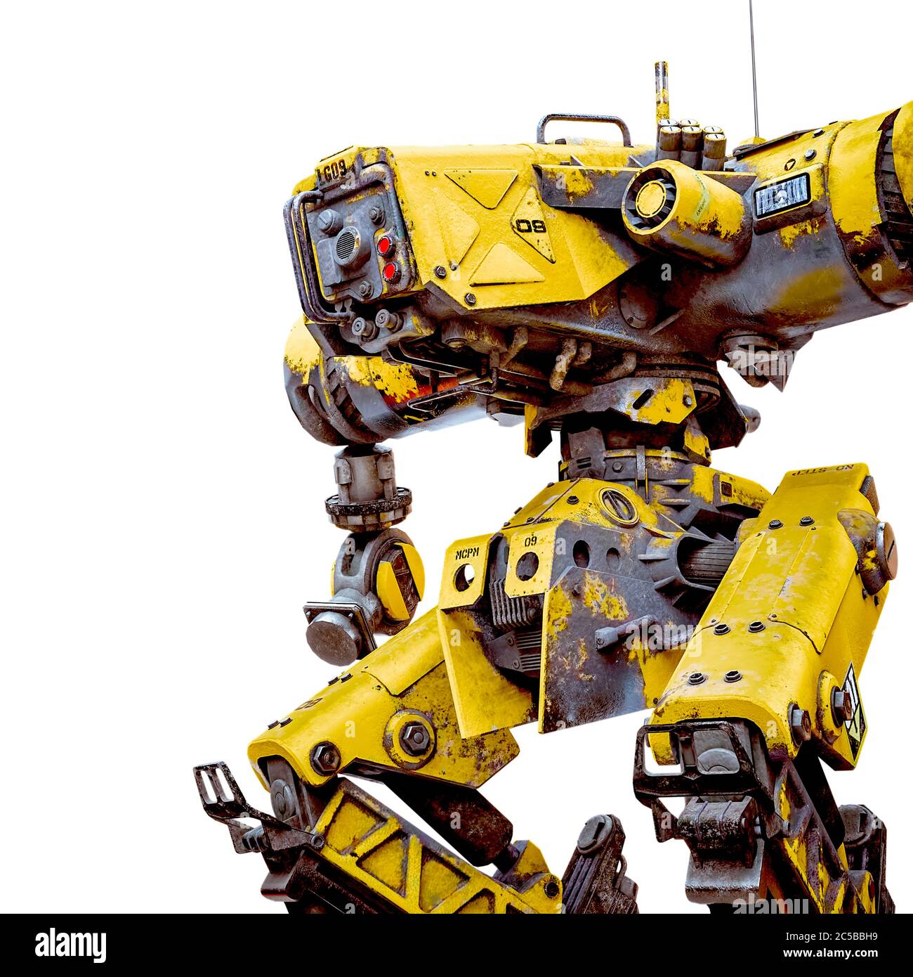 yellow combat mech in a white background side view close up, 3d ...