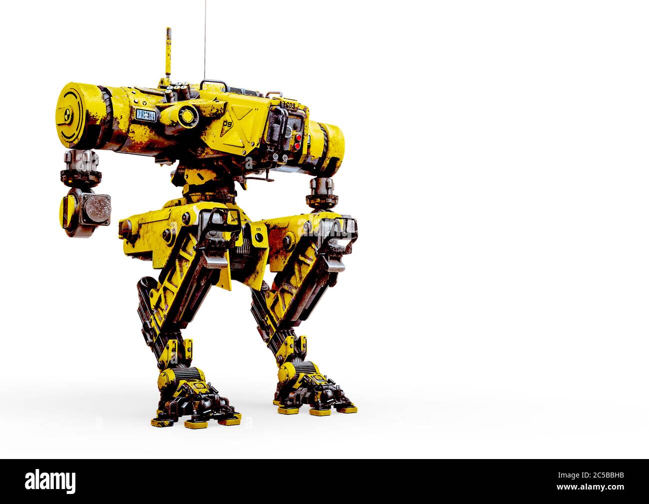 yellow combat mech in a white background in staic pose with copy space ...