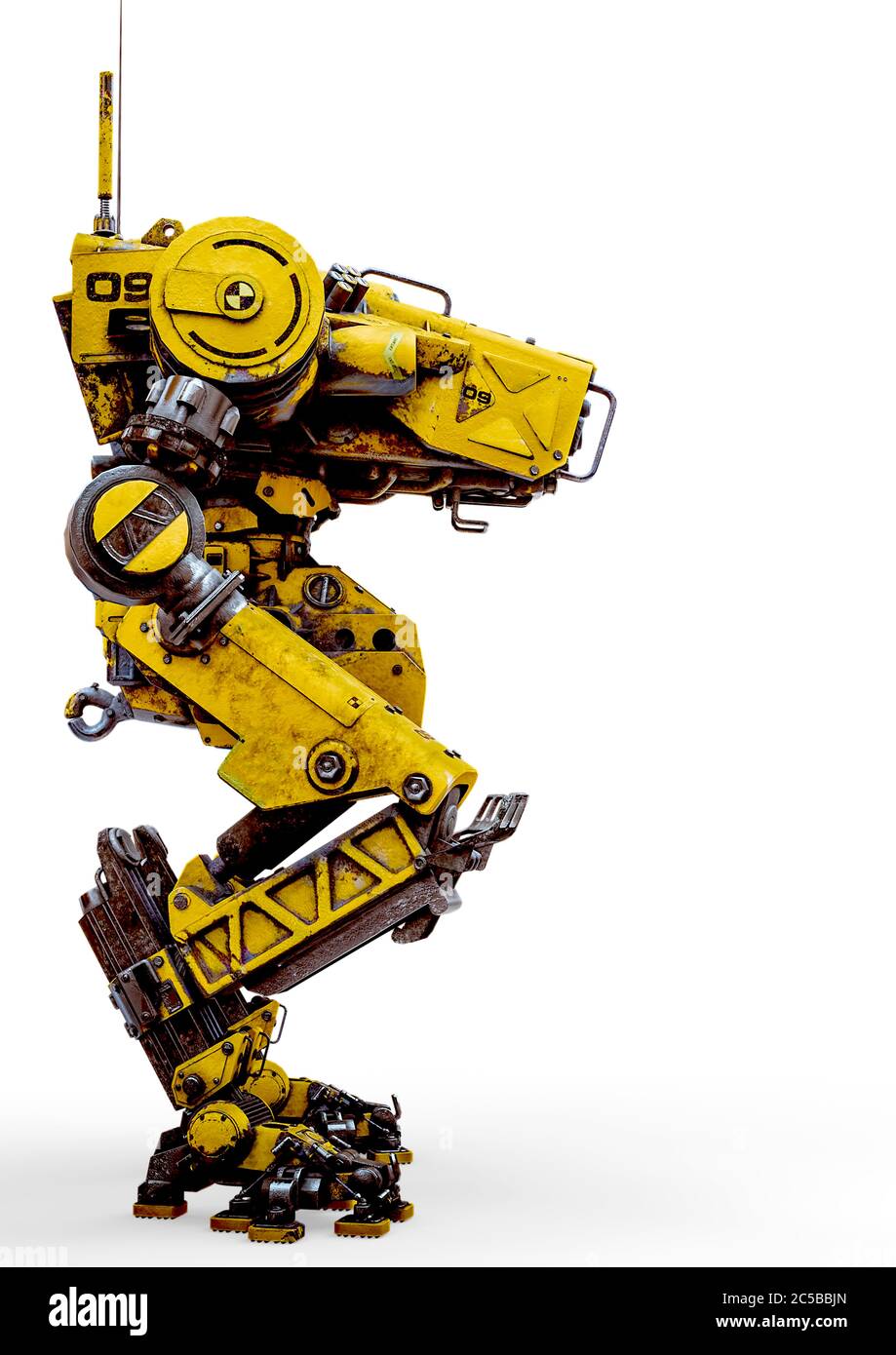 yellow combat mech in a white background side view, 3d illustration ...