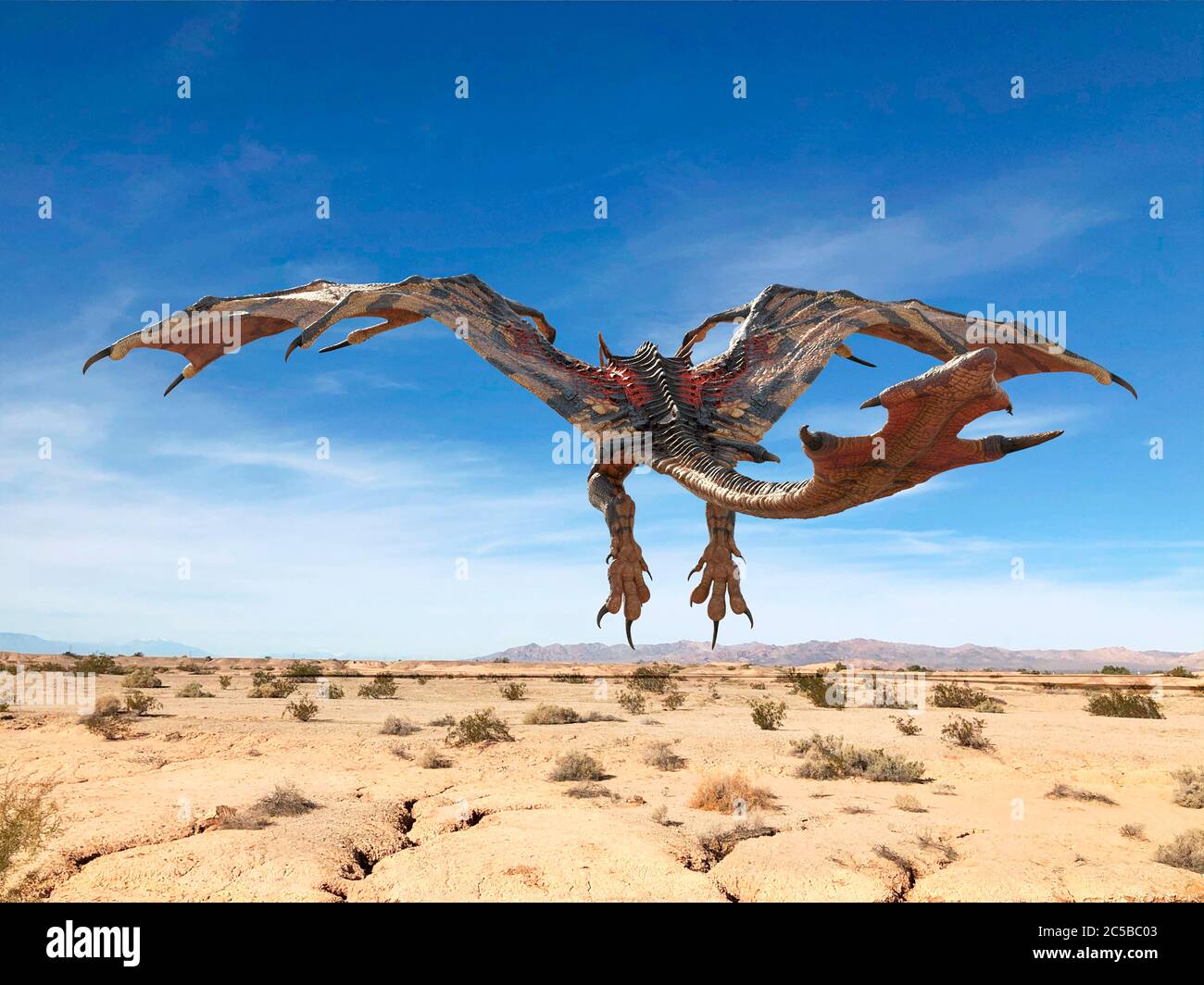 monster dragon on desert is taking off rear view, 3d illustration Stock ...