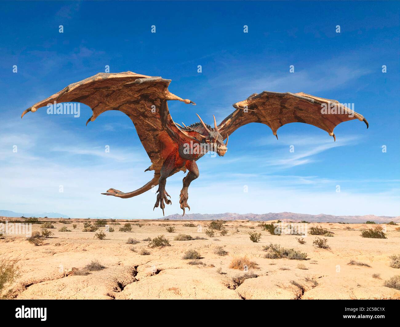 monster dragon on desert is taking off, 3d illustration Stock Photo - Alamy