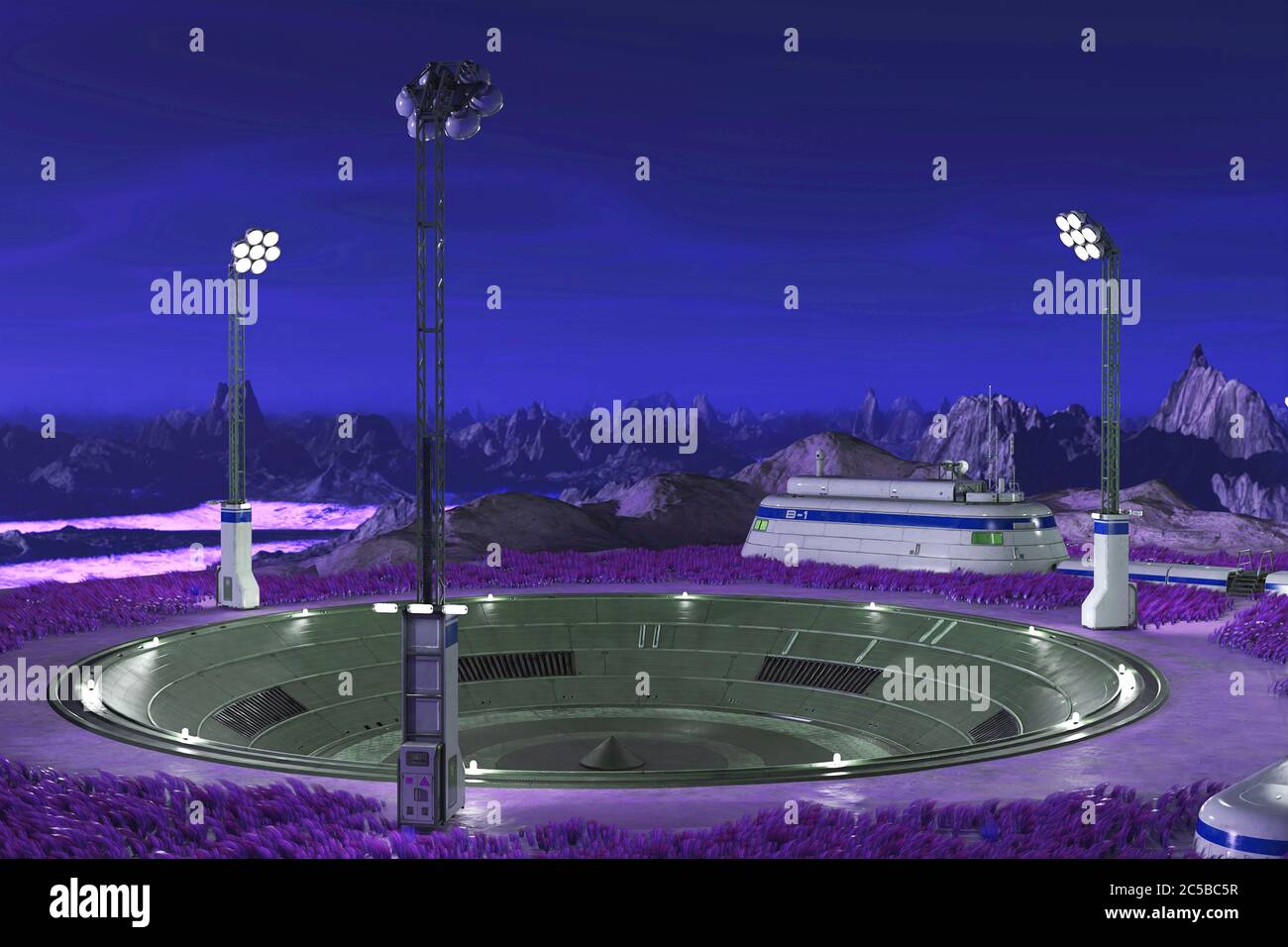 base in another planet rocket launch base view, 3d illustration Stock ...