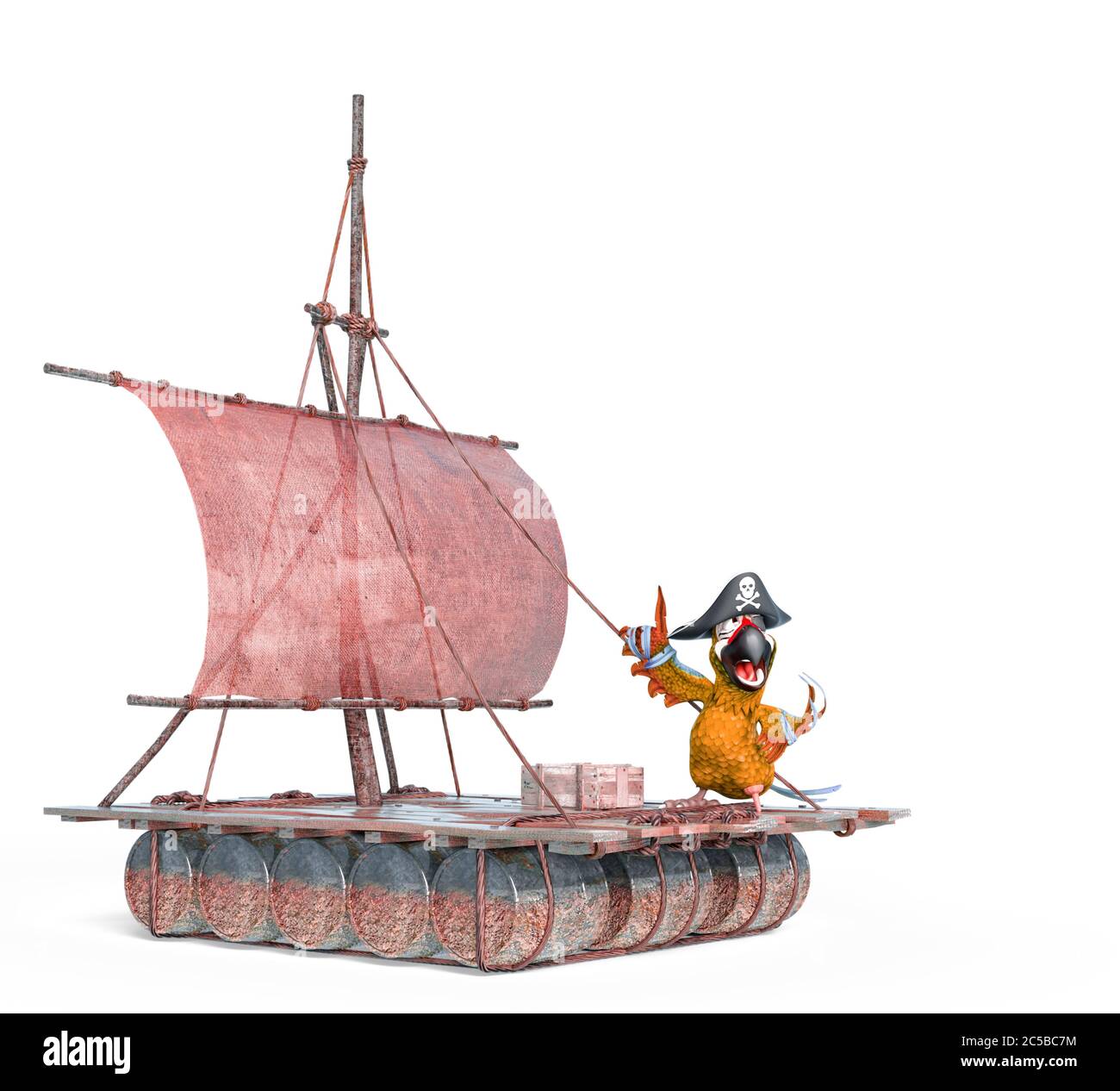 parrot pirate is sailing on the raft, 3d illustration Stock Photo - Alamy