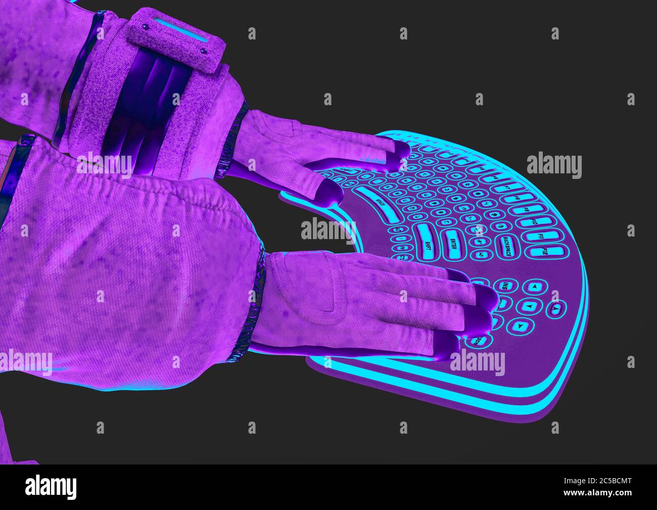 astronaut is typing on a keyboard in a virtual reality scene side view ...