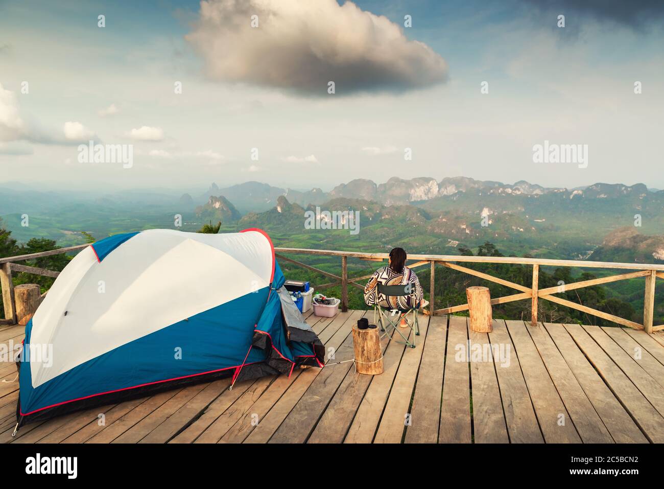 Landscape Scenery Mountains View With Camping Tent on Wooden Terrace ...