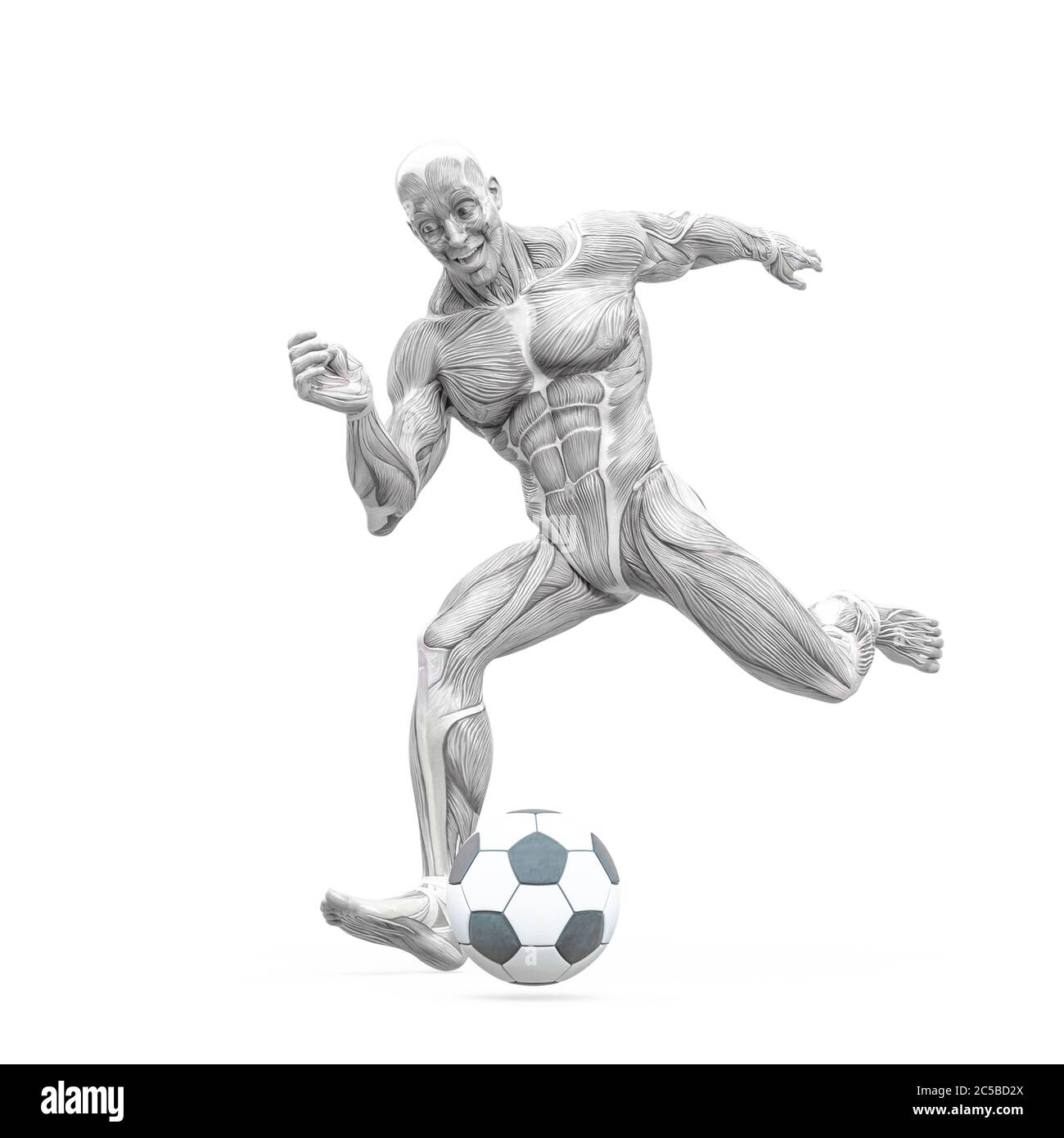 muscleman anatomy heroic body kicking the football ball in white ...