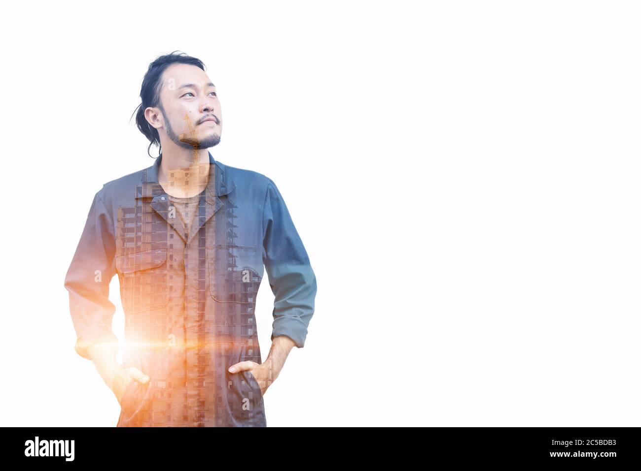 Double Exposure Image of Construction Engineer and Building Under ...
