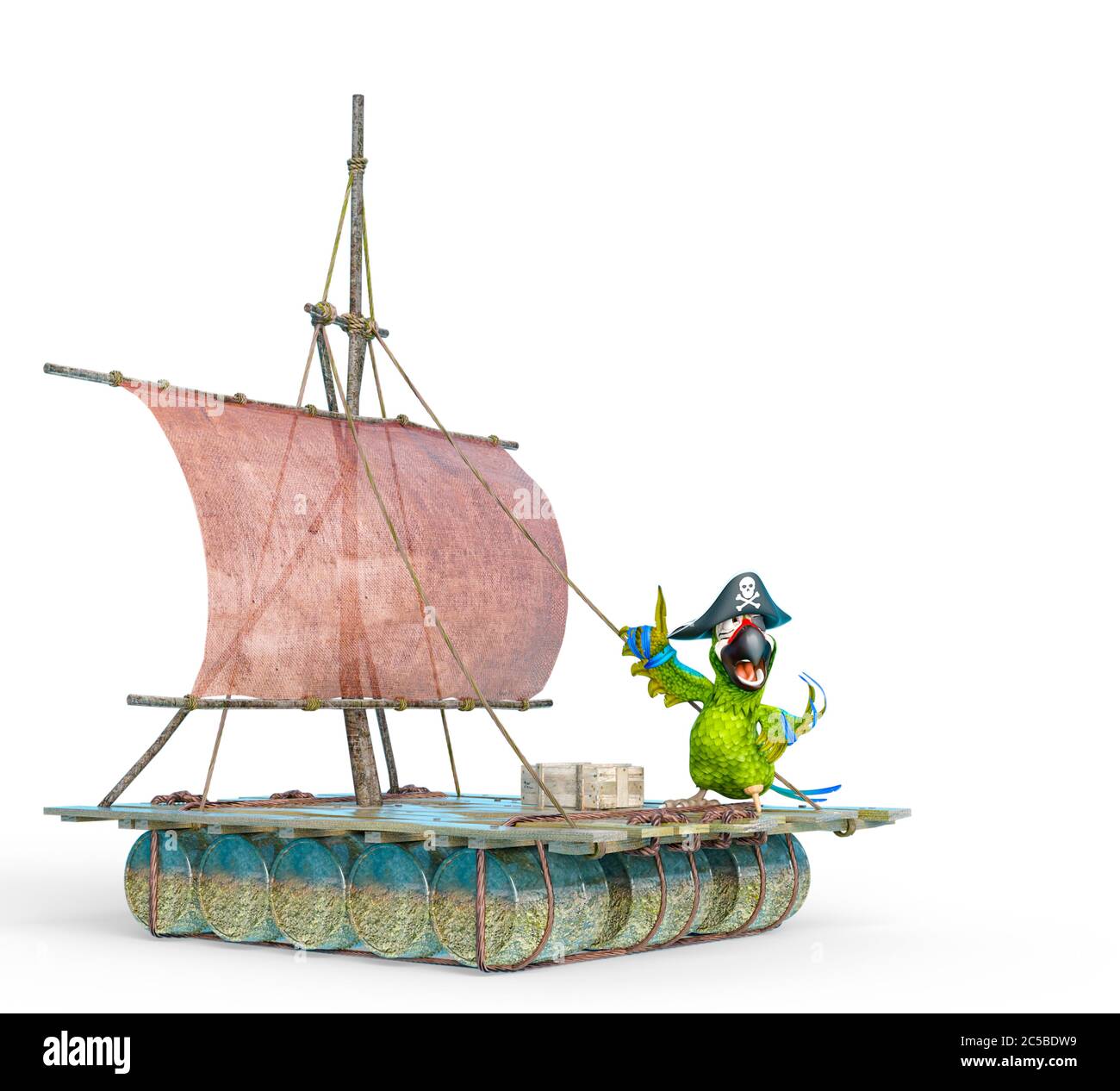 parrot pirate is sailing on the raft, 3d illustration Stock Photo - Alamy