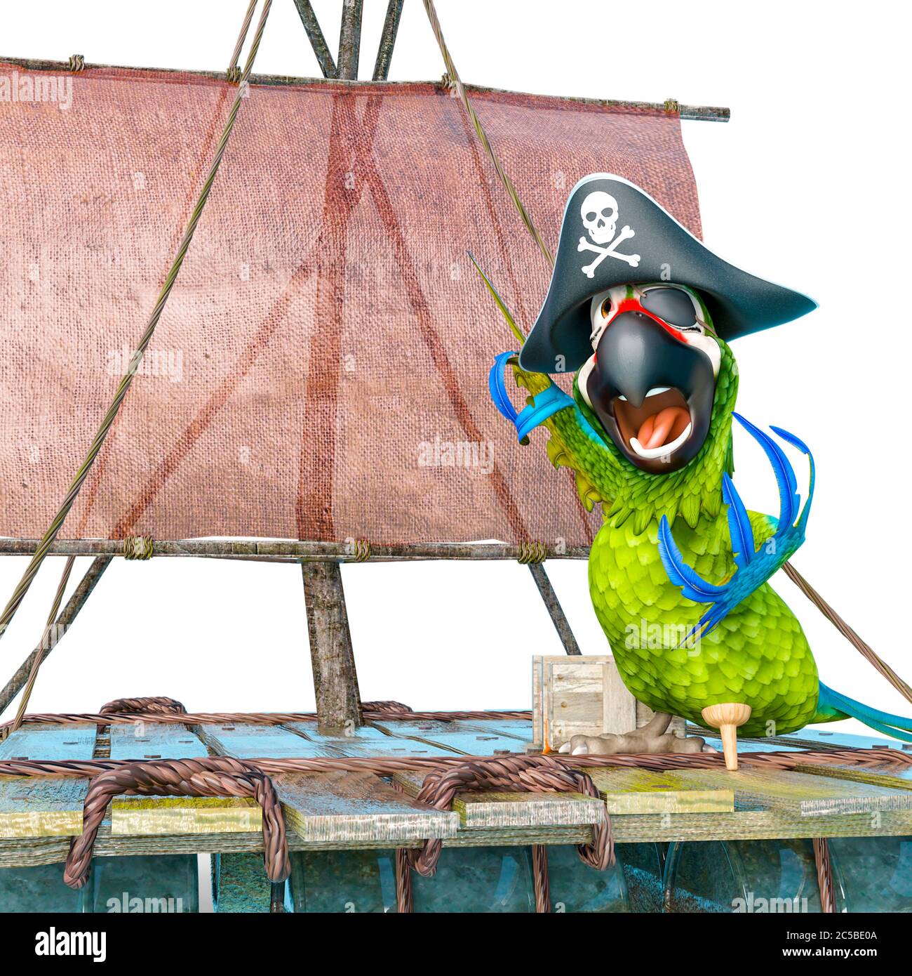 parrot pirate is sailing on the raft close up, 3d illustration Stock ...