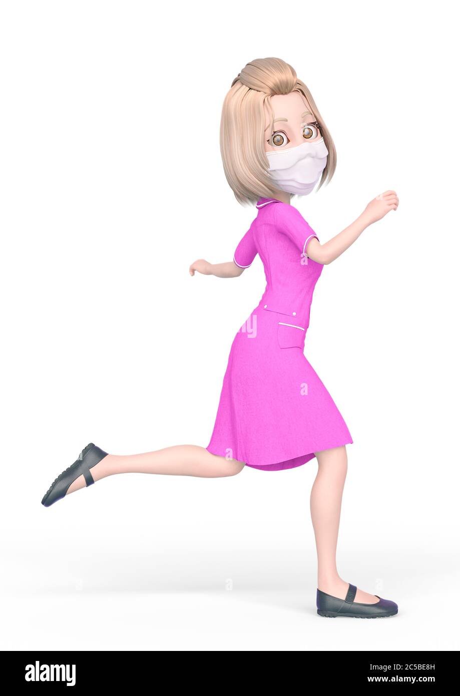 blond nurse cartoon wearing mask is running late, 3d illustration Stock ...