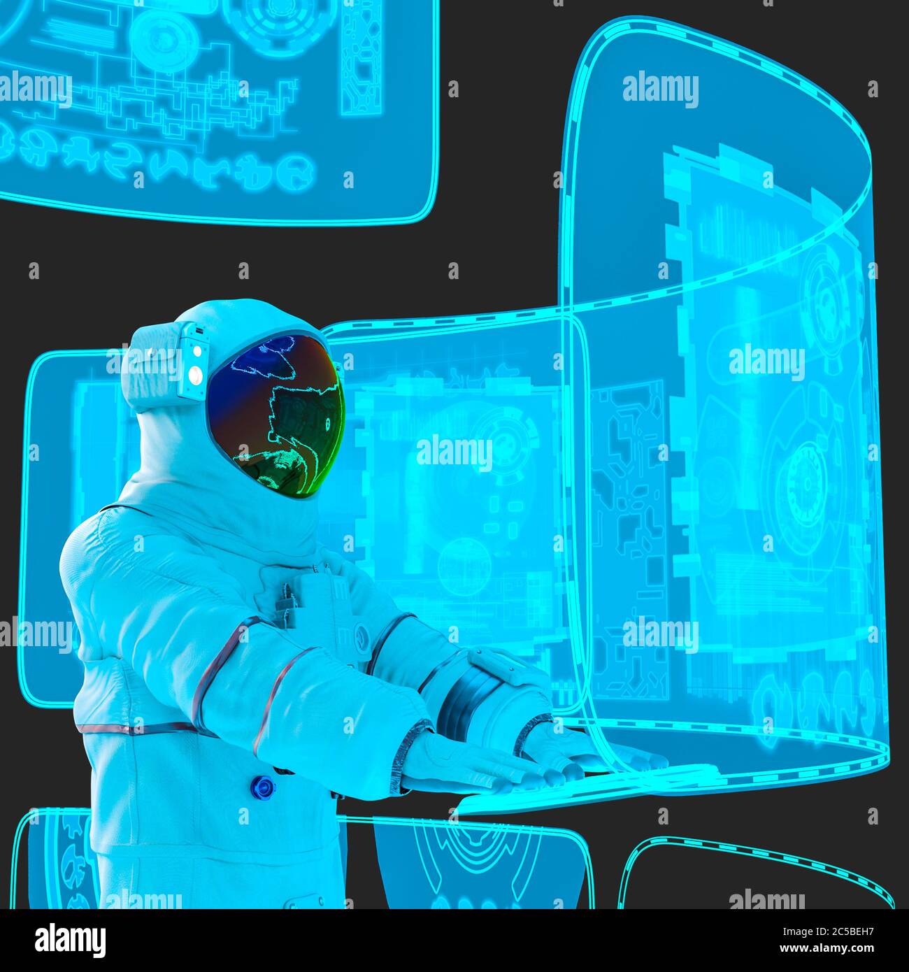 astronaut is typing on a keyboard in a virtual reality scene, 3d ...