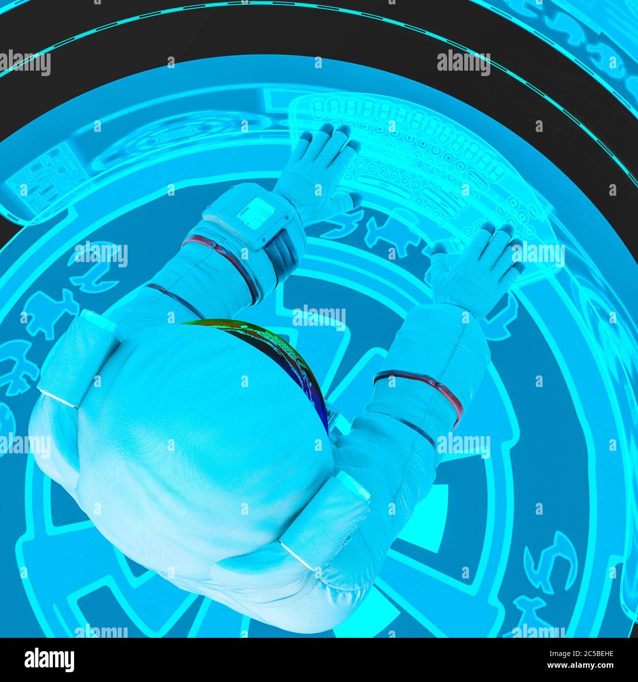 astronaut is typing on a keyboard in a virtual reality scene top view ...